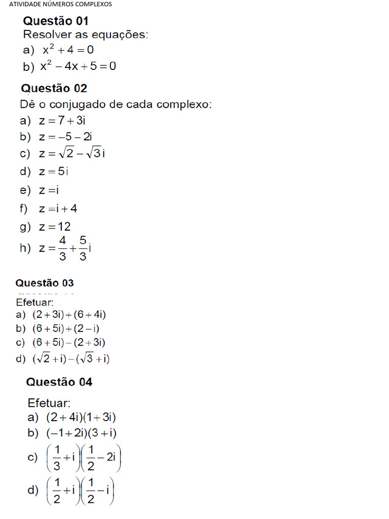 Atividade Números Complexos | PDF