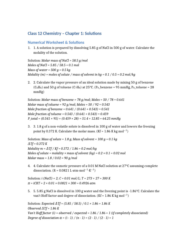 Chapter 1 Solutions Numerical Worksheet | PDF