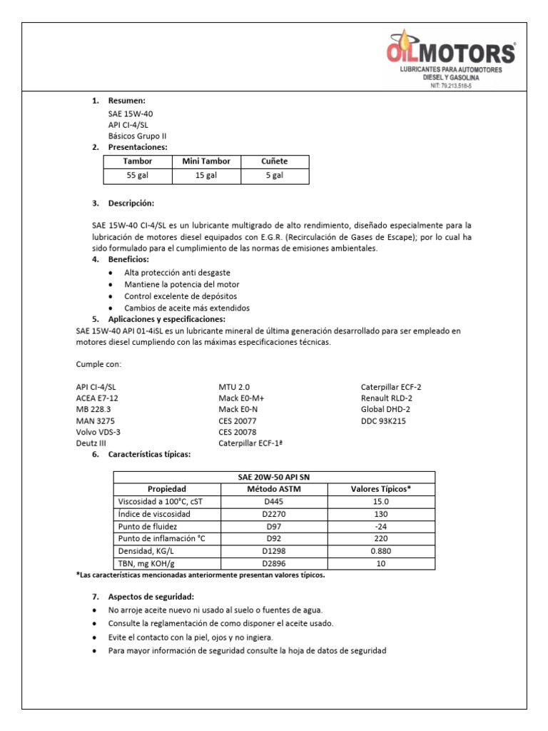 Lubricante SAE 15W-40 API CI-4/SL | PDF | Lubricante