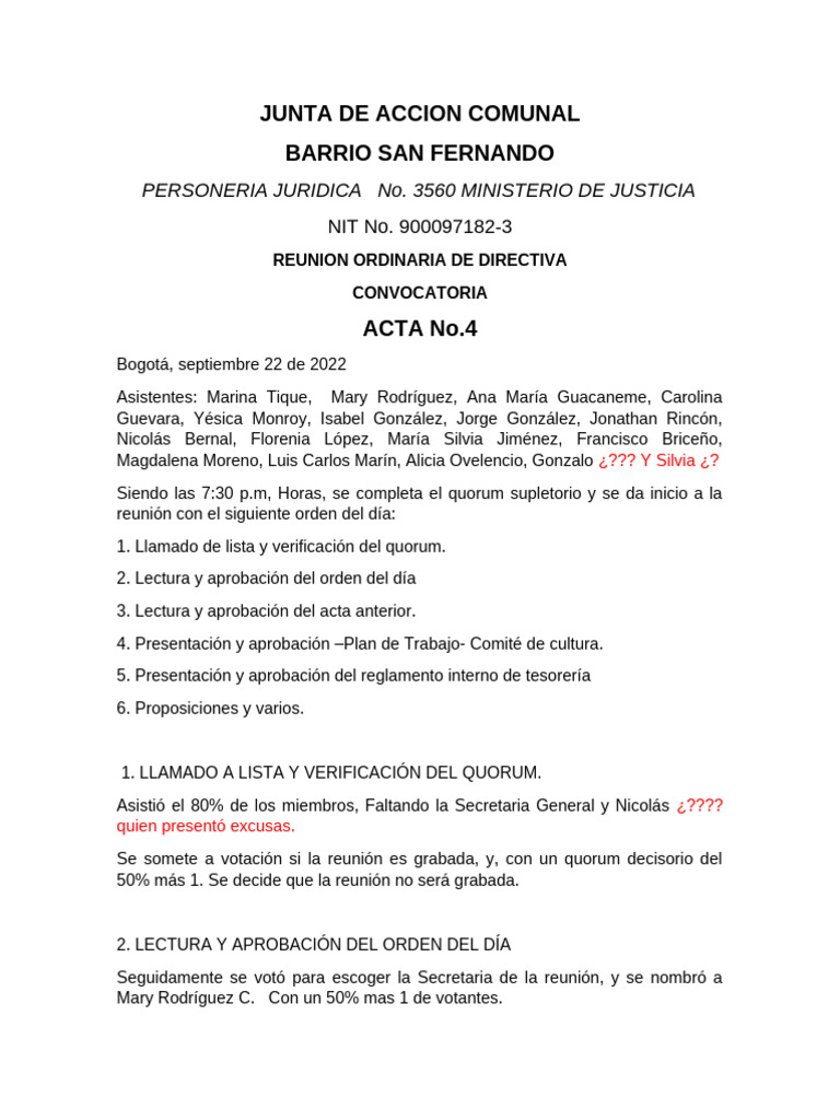 ACTA No.4 JUNTA DE ACCION COMUNAL | PDF