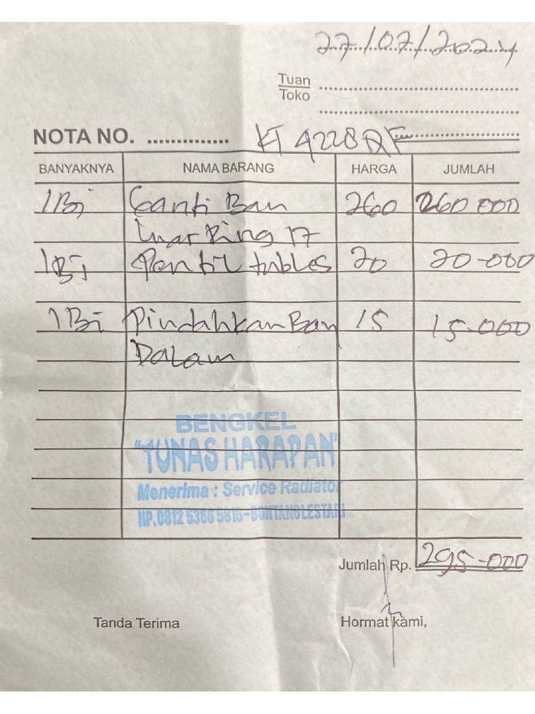 Resi Ganti Ban PLAT KT 4228 QF | PDF