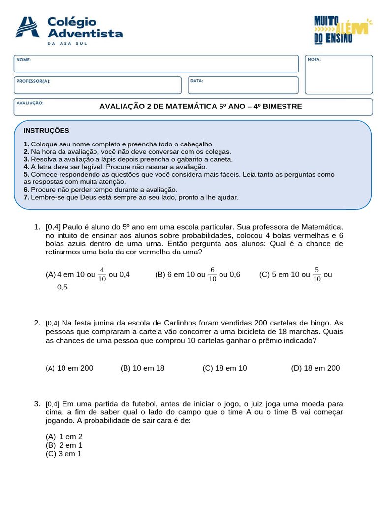 Av2 de Matemática 5º Ano 4º Bi | PDF