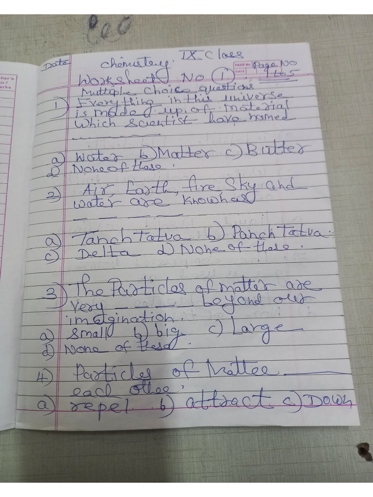 Class IX Chemistry Work Sheet | PDF