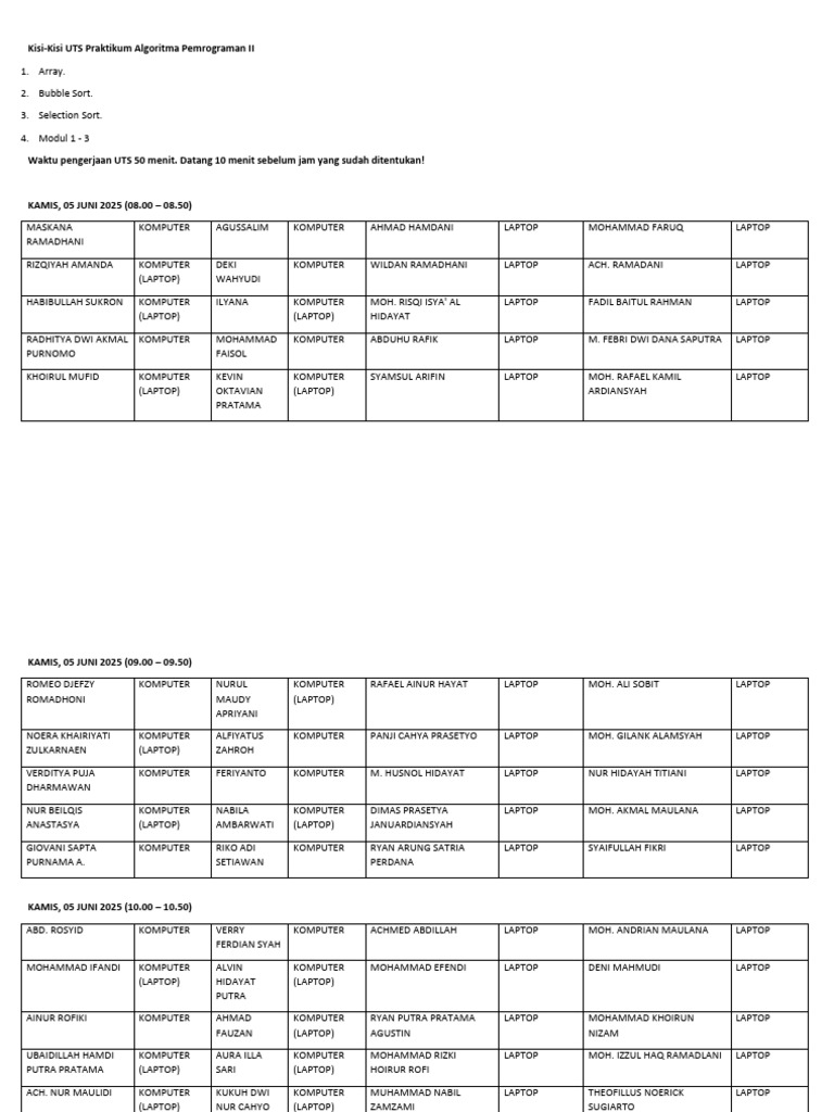 Jadwal UTS Algoritma Pemrograman II | PDF