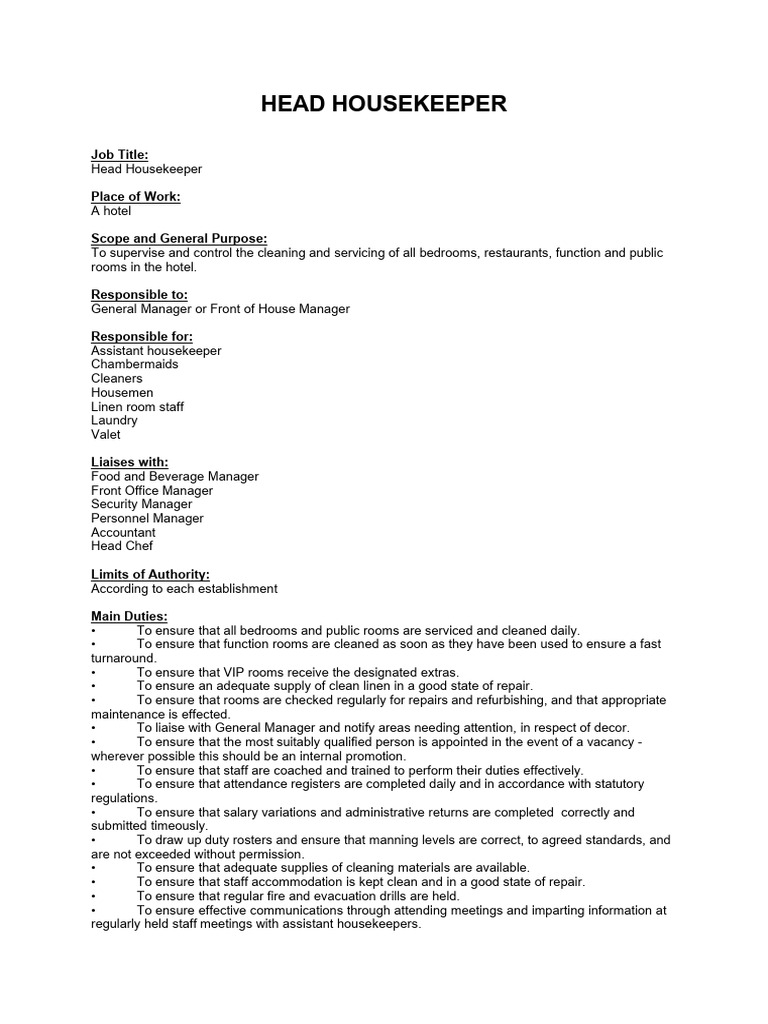 JOB HOTEL MODULE Head Housekeeper | PDF