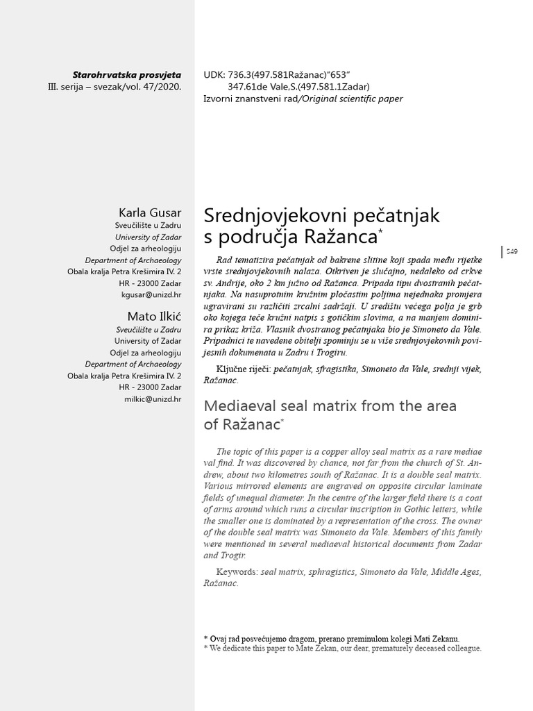 Srednjovjekovni Pecatnjak S Podrucja Razanca | PDF