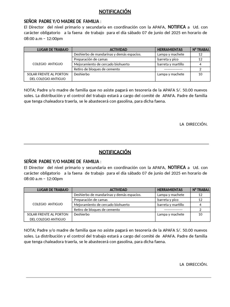 Notificacion Faena 2025 | PDF