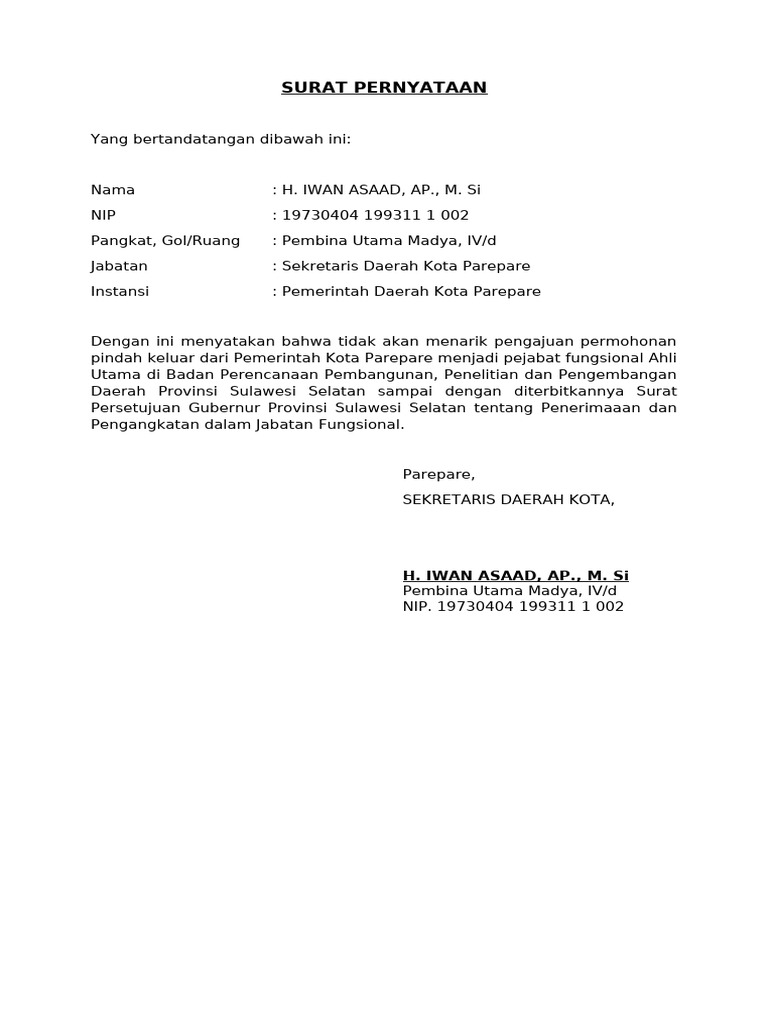 Surat Pernyataan Sekda | PDF