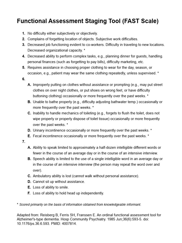 FAST Scale for Functional Assessment | PDF