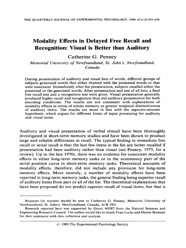 Modality Effects in Delayed Free Recall and Recognition Visual Is Better Than Auditory | PDF ...