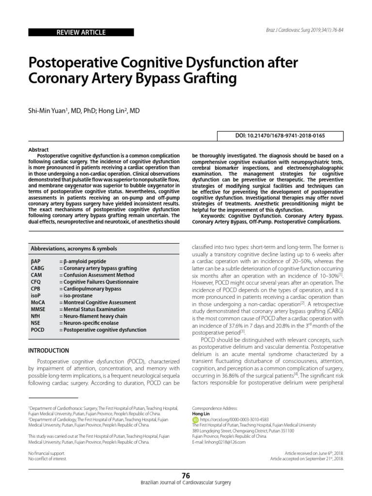 Postoperative Cognitive Dysfunction in CABG | PDF | Coronary Artery ...