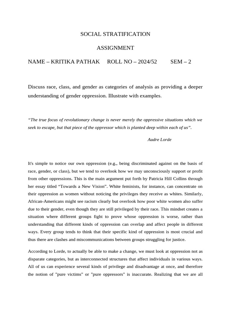 Social Stratification Assignment | PDF | Gender | Gender Studies