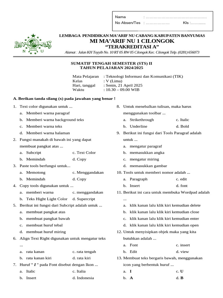 5 - Tik STS 2 Kelas 5 2024 2025 | PDF