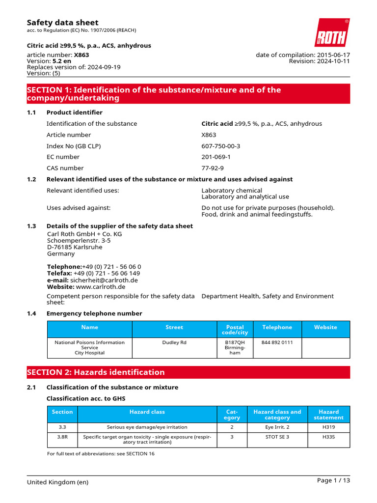 MSDS Citric Acid SDB-X863-GB-EN | PDF | Dangerous Goods | Toxicity
