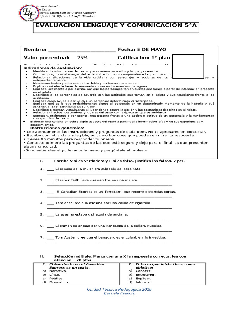 5a, Lengua y Literatura, Prueba, Plan Lector | PDF
