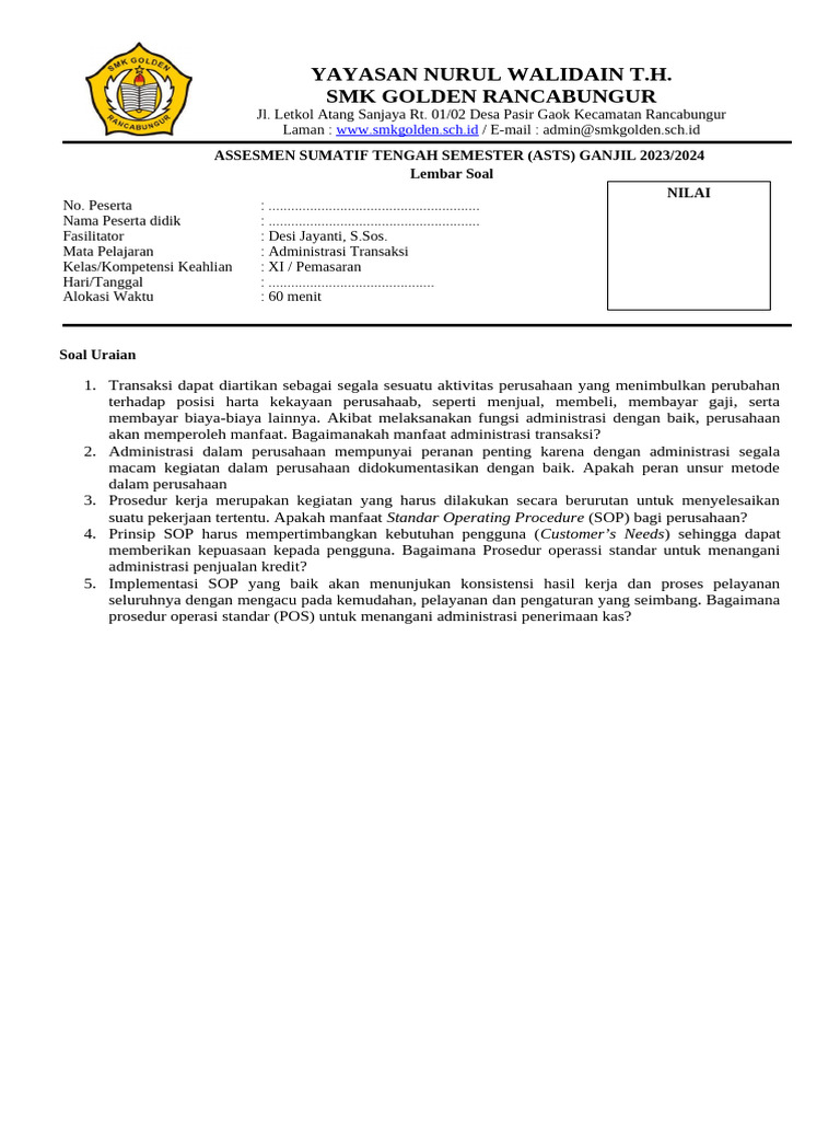 Format Soal ASTS Ganjil Administrasi Transaksi XI PM 2023-2024 | PDF