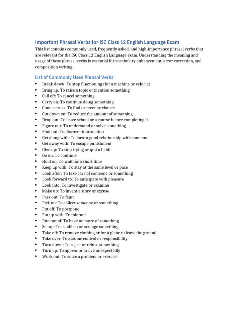 ISC Class12 Phrasal Verbs List | PDF