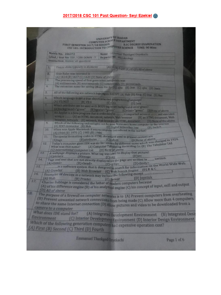 CSC 101 PQ 2017_18 | PDF