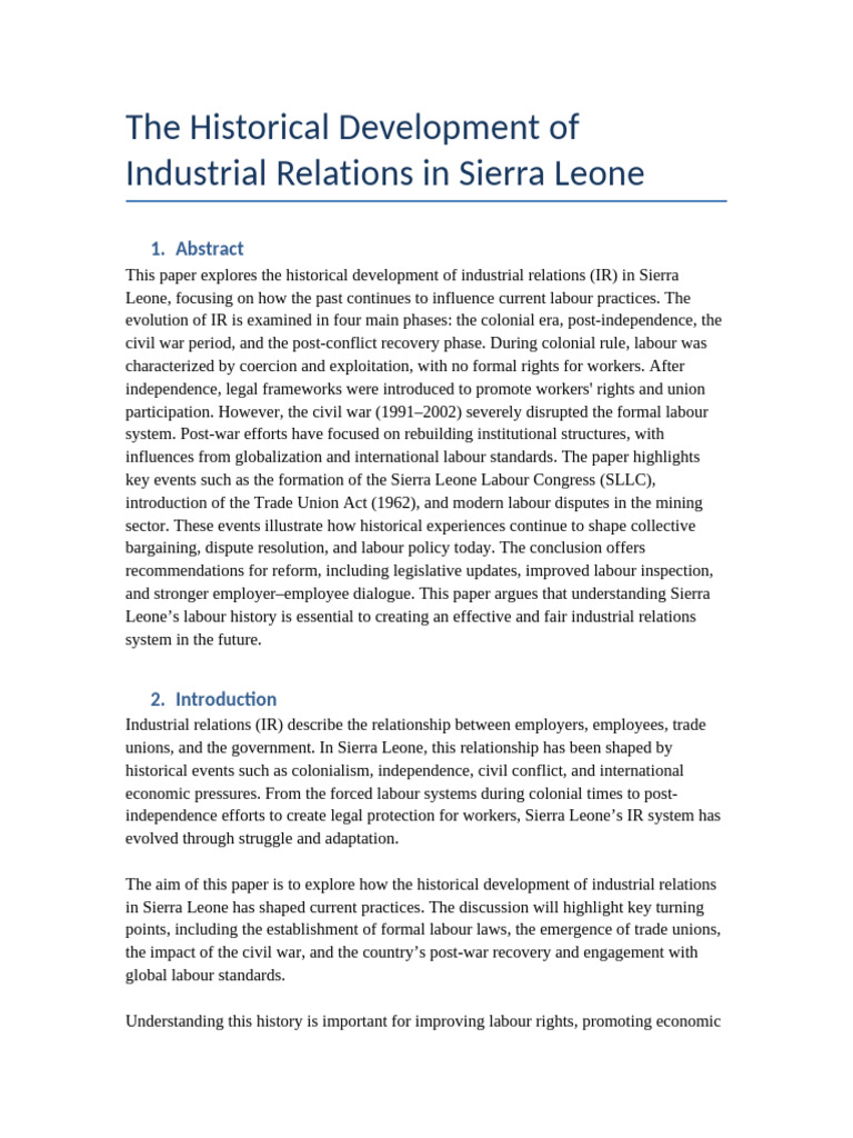Historical Development of Industrial Relations Sierra Leone | PDF | Labour Law | Trade Union