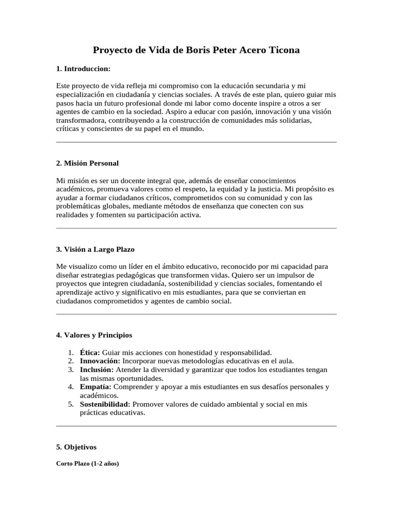 Proyecto de Vida de Boris Peter Acero Ticona | PDF | Maestros | Enseñando