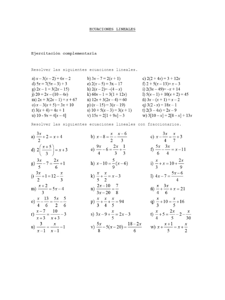 ECUACIONES LINEALES - Ejercitacion Complementaria - 4to 2025 | PDF