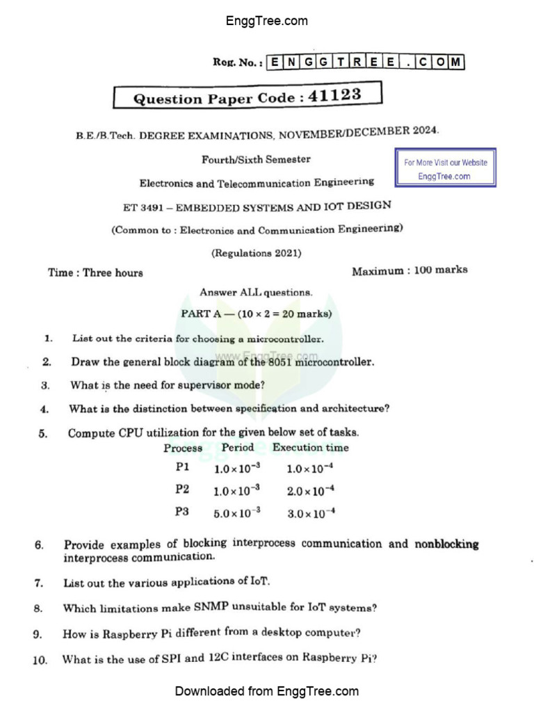 ET3491 Embedded Systems and IOT Design Nov Dec 2024 Question Paper ...