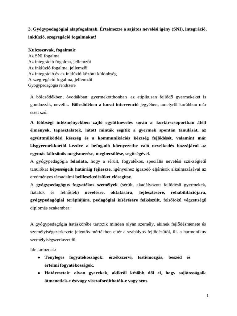 Gyógypedagógia Alapfogalmak | PDF