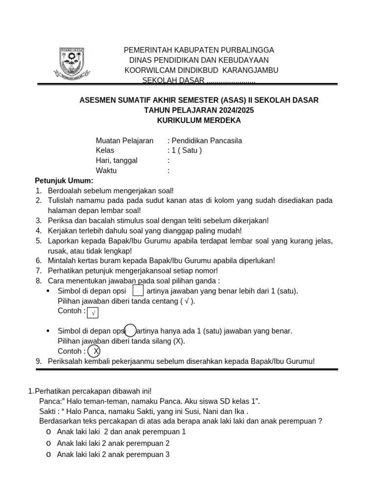 Soal Asas Ii Kelas 1 Mapel PPKN Ta 24 25 Fixx | PDF
