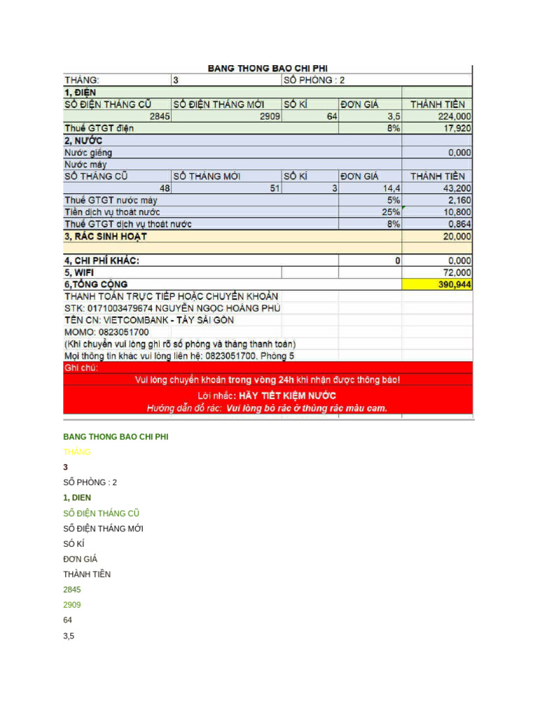 Bang Thong Bao Chi Phi: Tháng | PDF