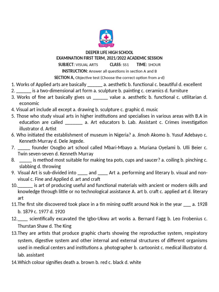 Ss 1 Visual Art First Term Exam 2021-2022 | PDF | Museum | Drawing