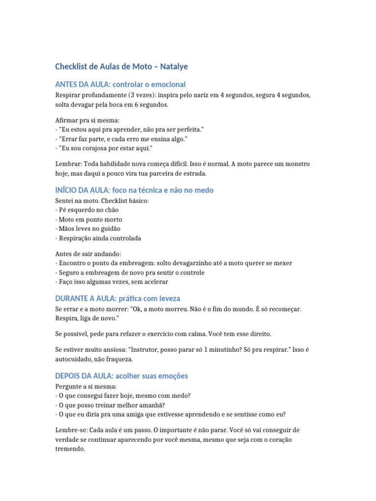 Checklist Aulas Moto Natalye | PDF