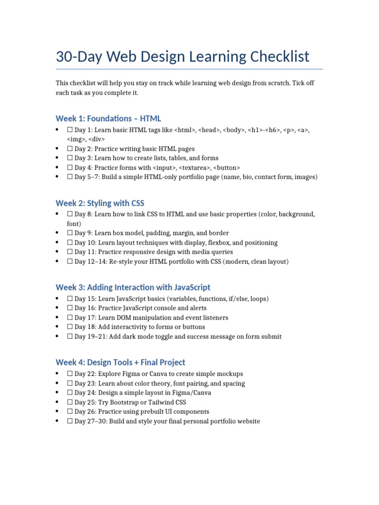 Web Design 30 Day Checklist | PDF