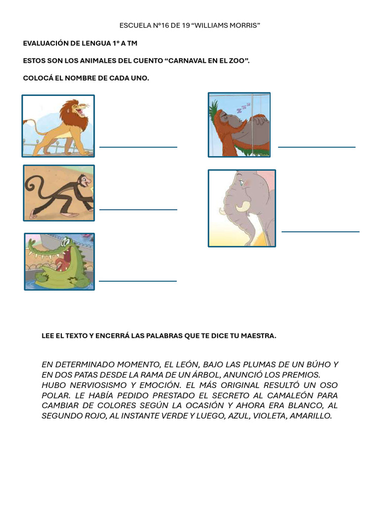 Evaluación de Lengua 1ro | PDF
