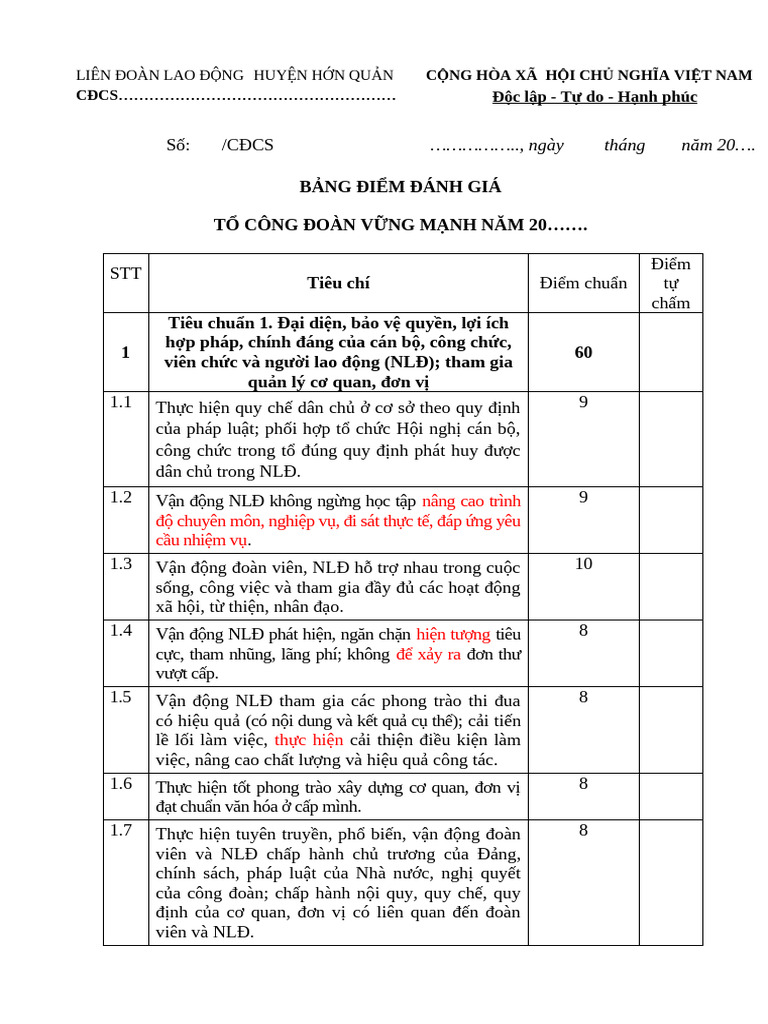 Mẫu Danh Gia Phan Loai to Cong Doan | PDF
