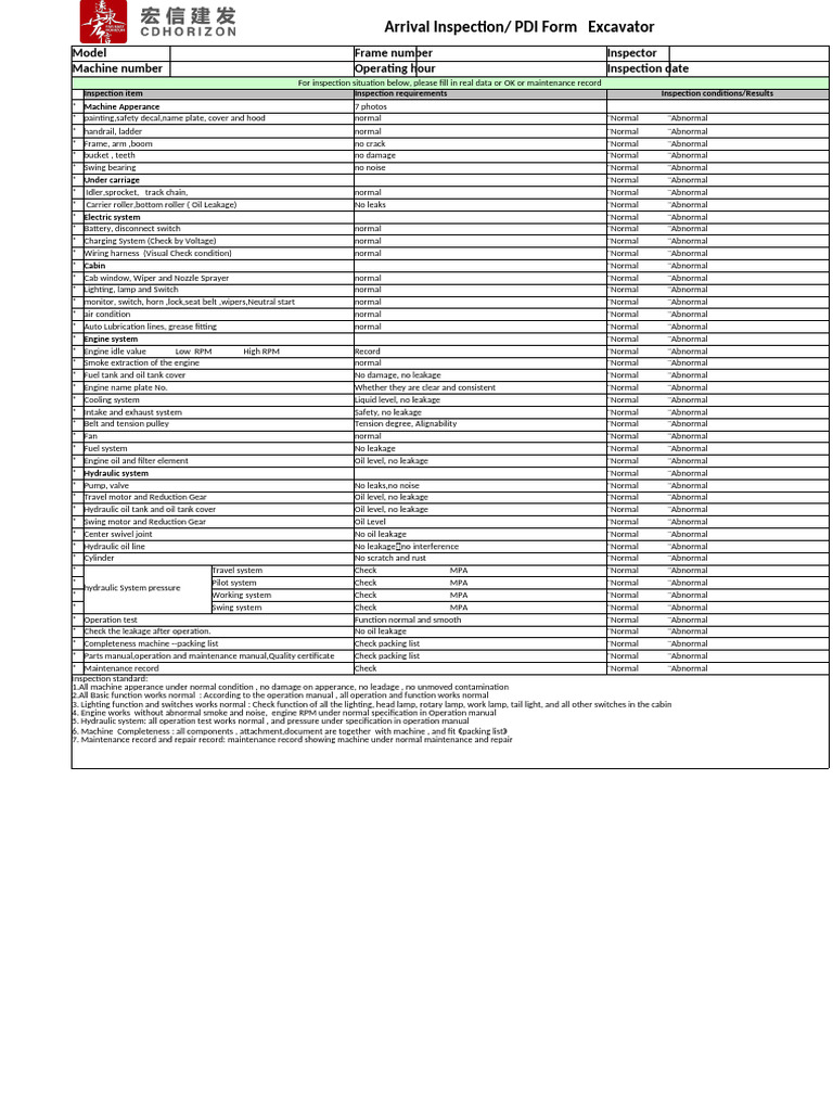 Excavator PDI Inspection Checklist | PDF | Leak | Machines