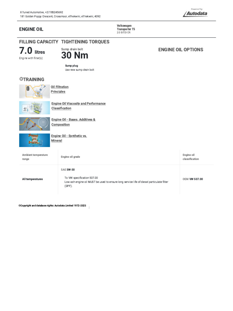 VW Transporter Engine Oil Specs | PDF