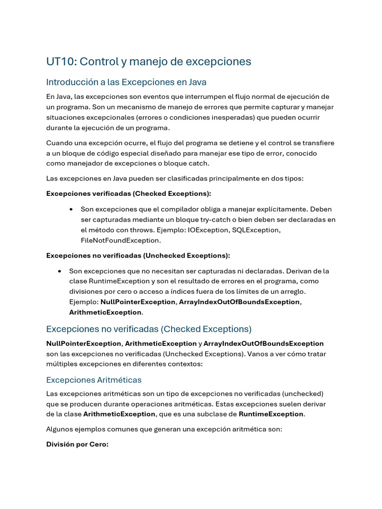 Control y Manejo de Excepciones | PDF | Java (lenguaje de programación) | Programación de ...