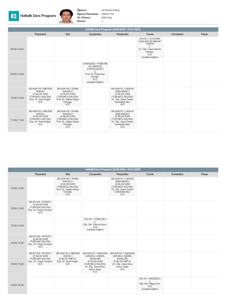Hafta Lik Ders Program I | PDF