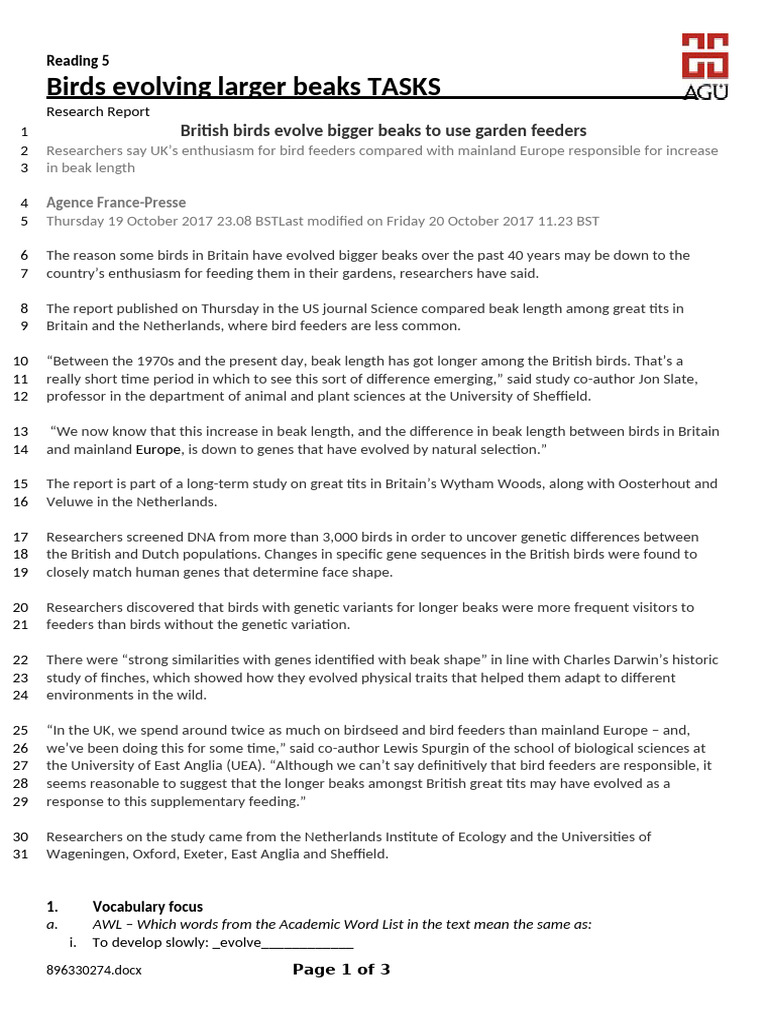 5.2 Birds Evolving Larger Beaks TASKS | PDF | Gene | Evolution