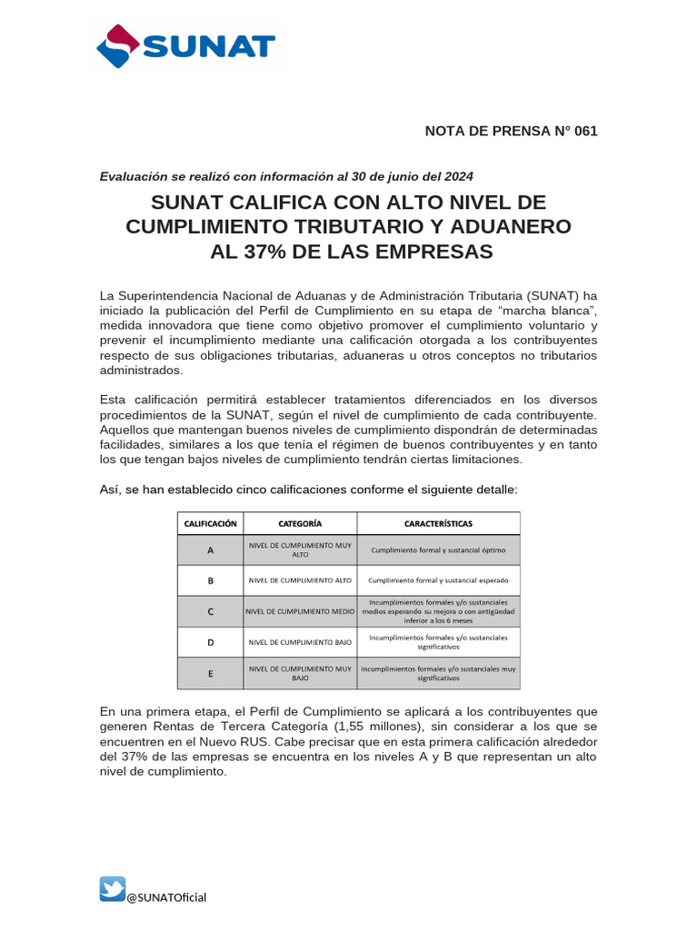 SUNAT Lectura Perfil Cumplimiento Oct24 | PDF | Contribuyente | Impuestos