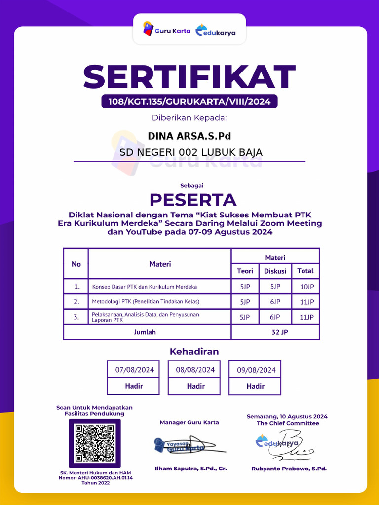 Sertifikat Dina Arsa 10 Agustus | PDF