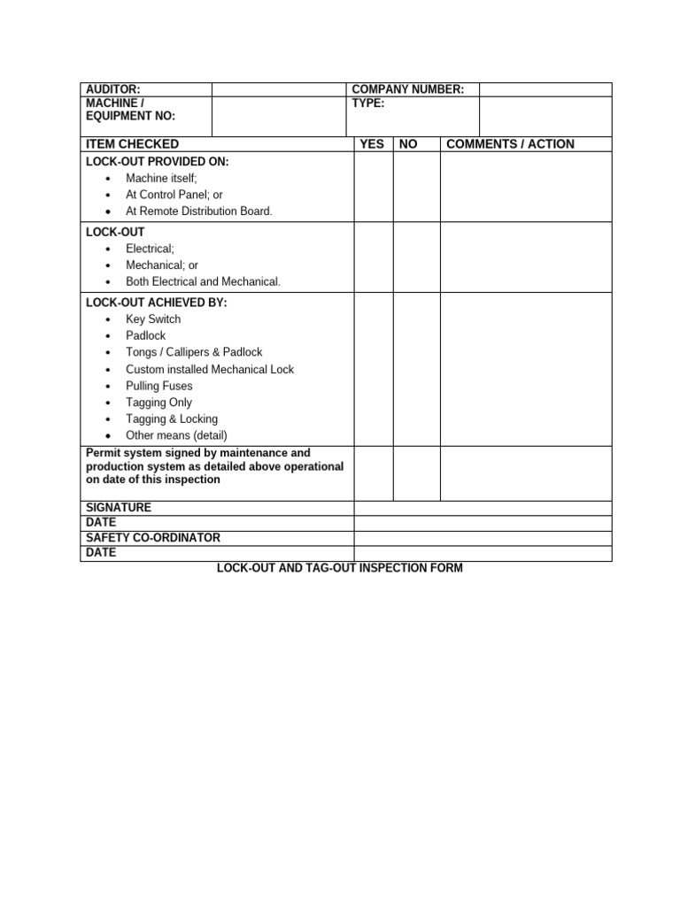 Lock-Out & Tag-Out Inspection Form | PDF
