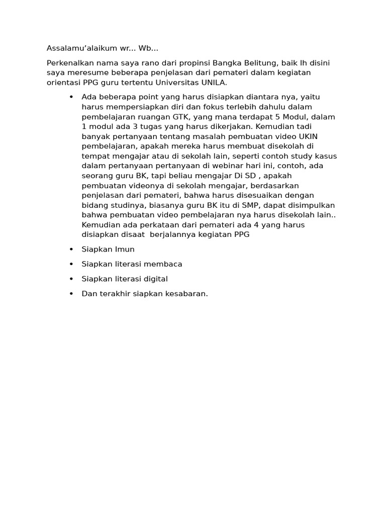 Resume Hasil Orientasi PPG Unila | PDF
