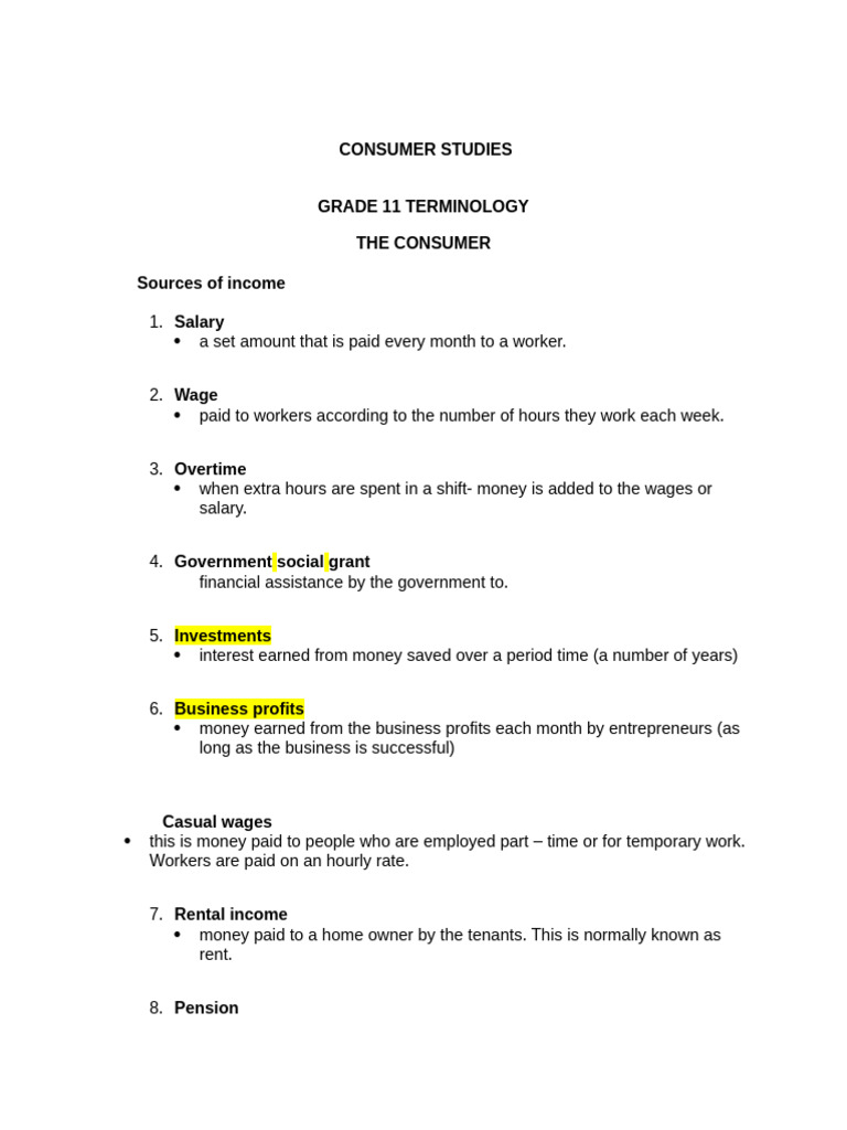 Grade 11 Consumer Studies Terms | PDF | Nutrients | Nutrition