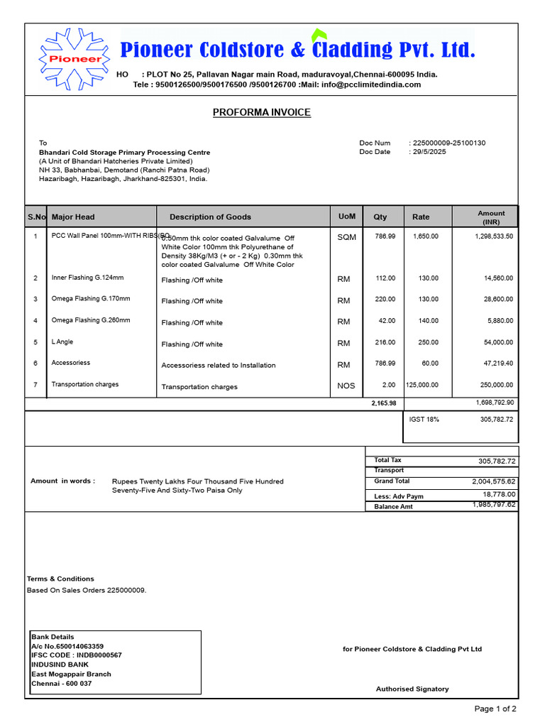 Bhandari Cold Storage Primary Processing Centre PROFORMA INVOICE | PDF