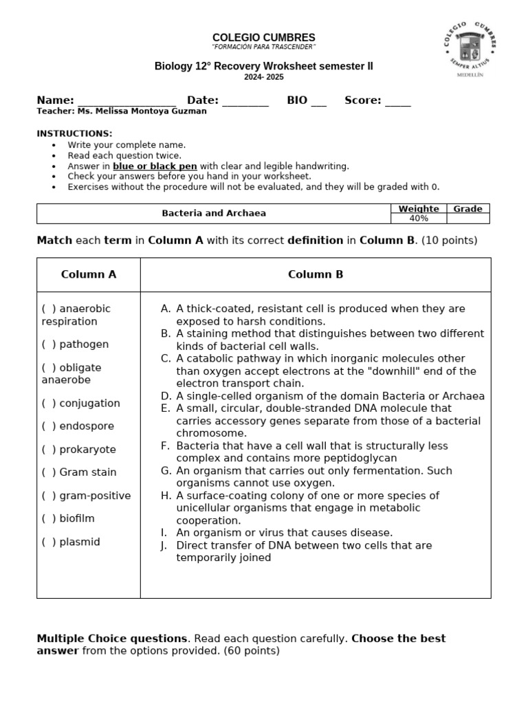 Hab WS Bio12 Sem2 2024 - 2025 | PDF | Fungus | Bacteria