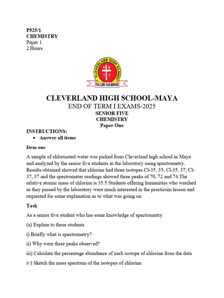 Senior Five Chemistry Exam 2025 | PDF | Chlorine | Phosphorus
