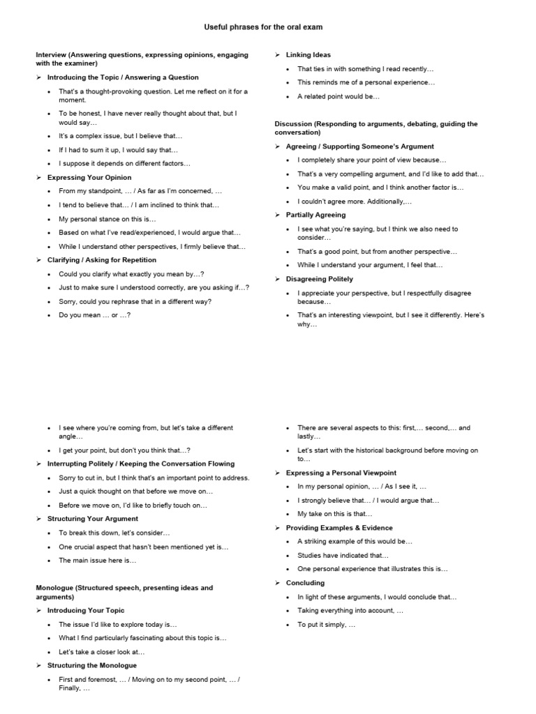 Essential Phrases for Oral Exams | PDF | Argument
