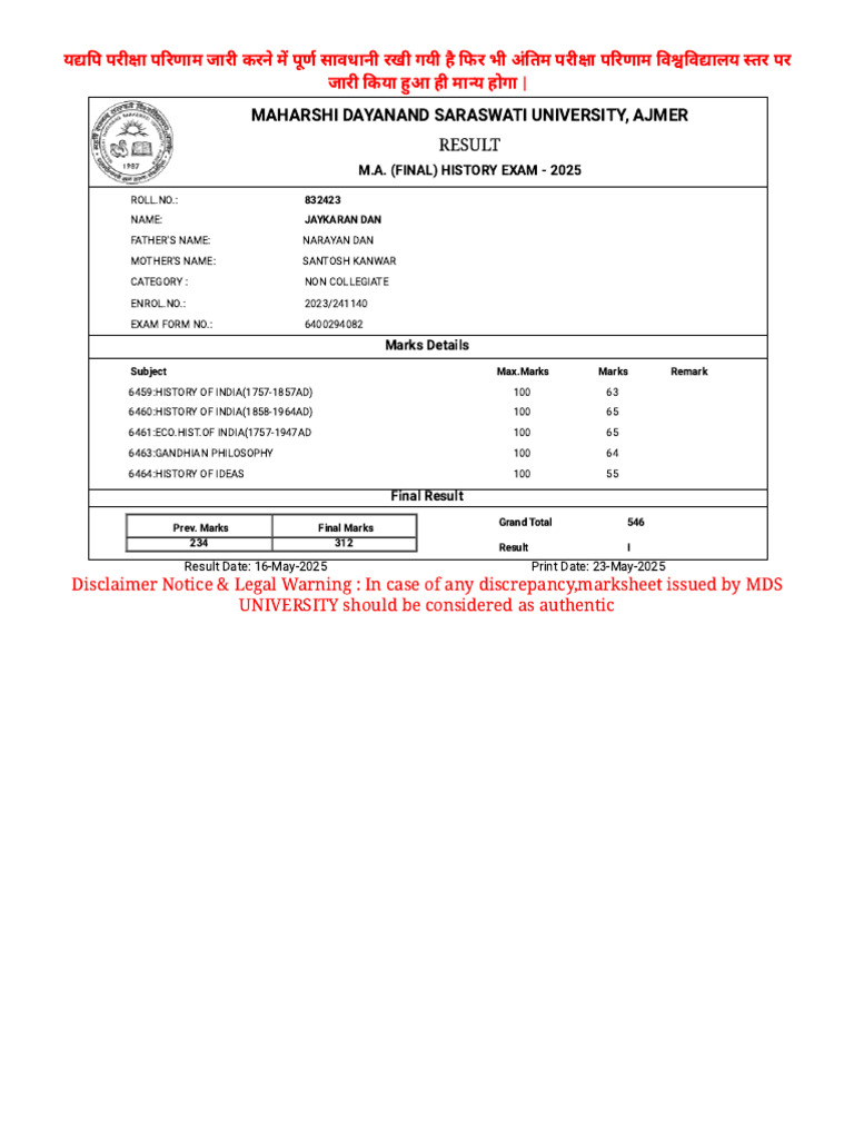 Maharshi Dayanand Saraswati University, Ajmer Admit Card | PDF