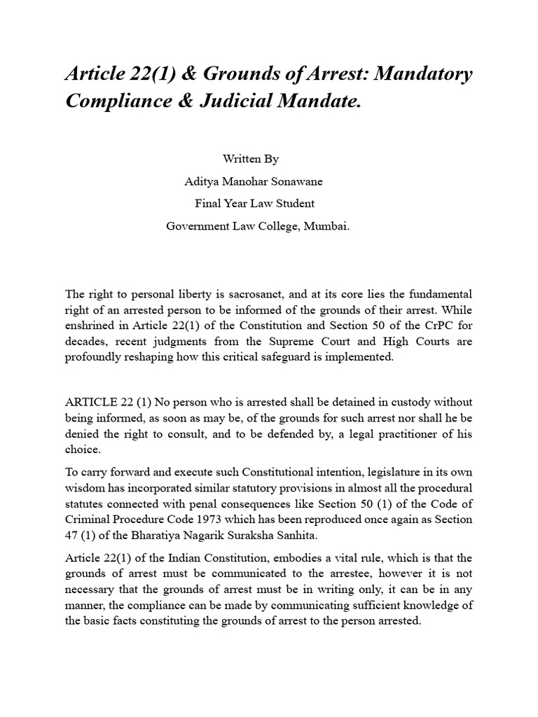 Article 22(1): Grounds of Arrest Explained | PDF | Arrest | Bail